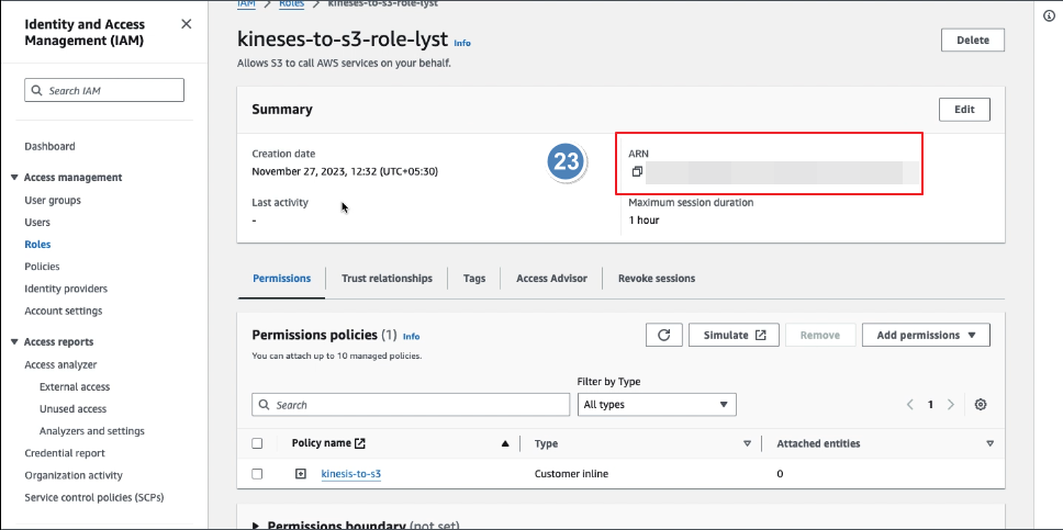 Creating Role ARN for Amazon Kinesis Data Firehose to Amazon S3 Integration