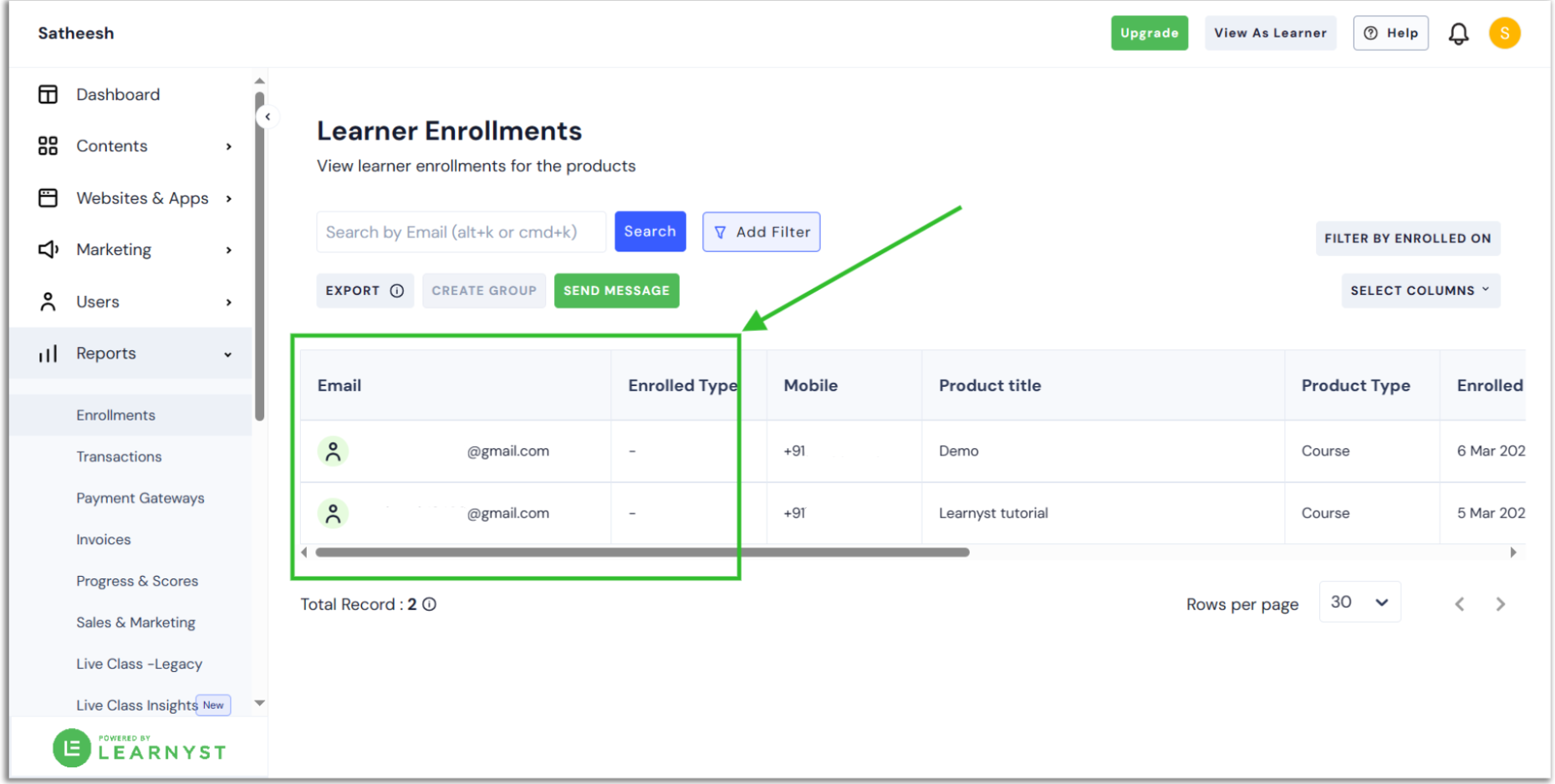 Obtain the student information based on enrollment