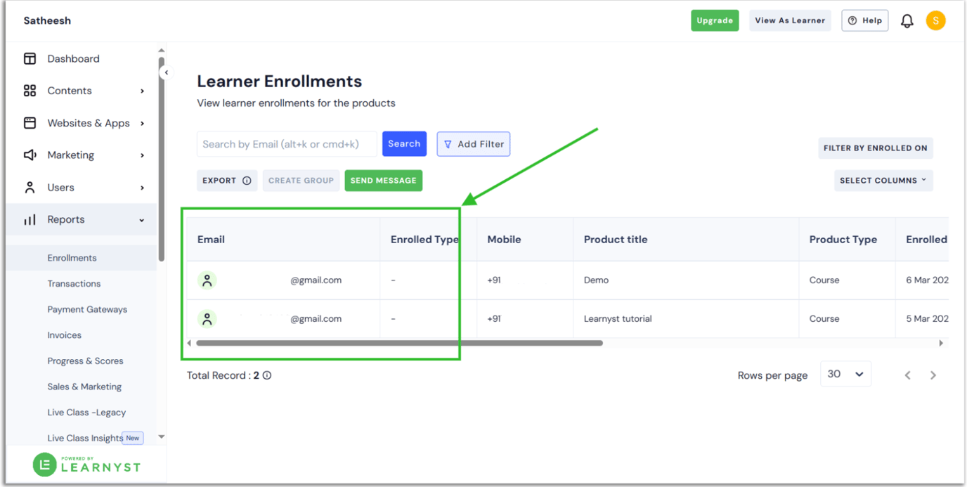 Obtain the student information based on enrollment