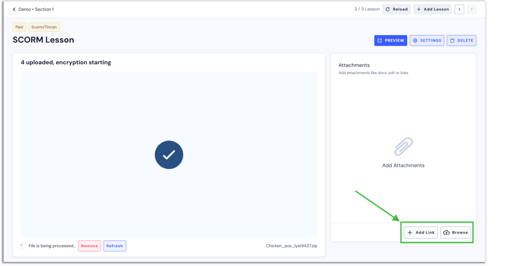 Add SCORM/TINCAN lessons for your course.