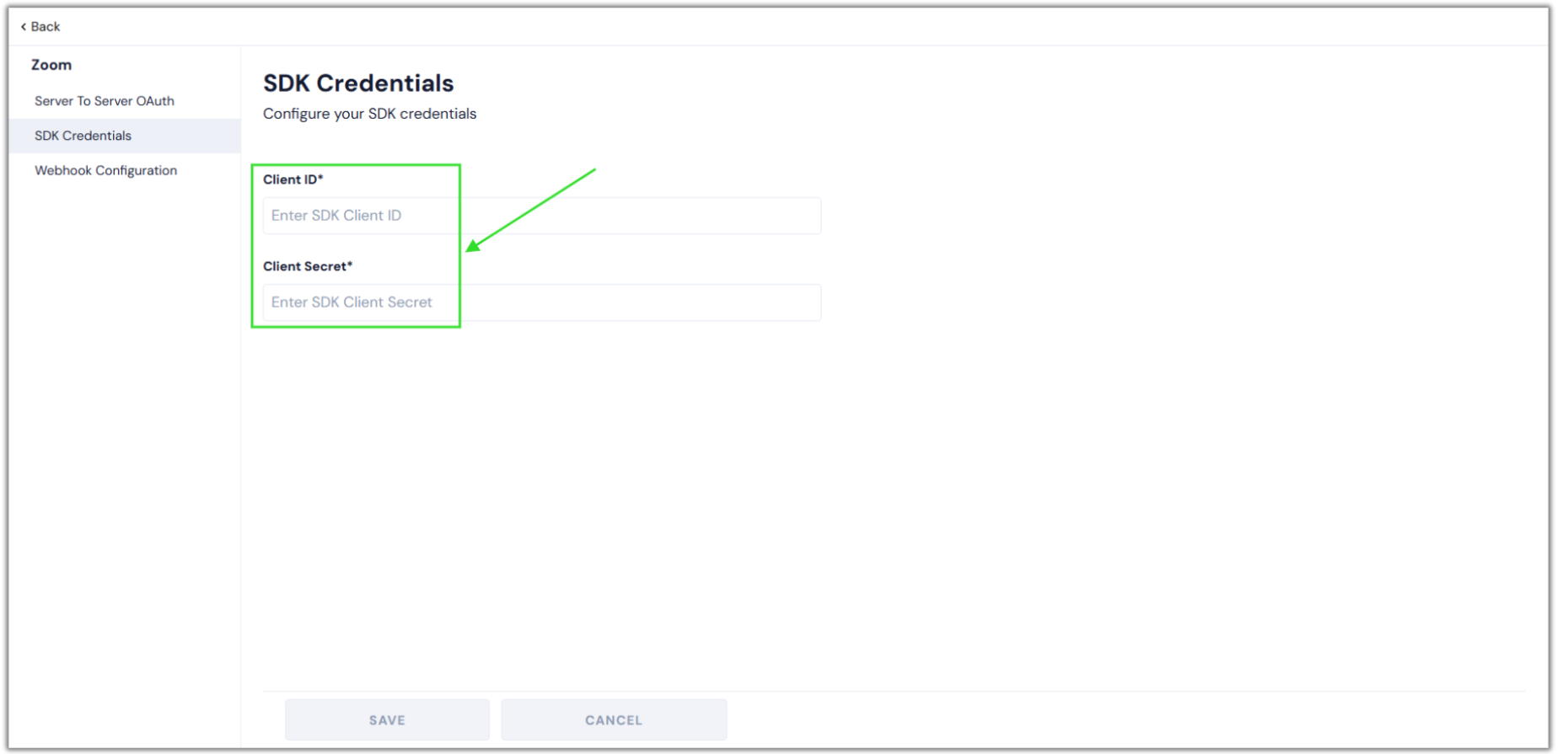 Configure the SDK credentials for the Zoom add-ons.