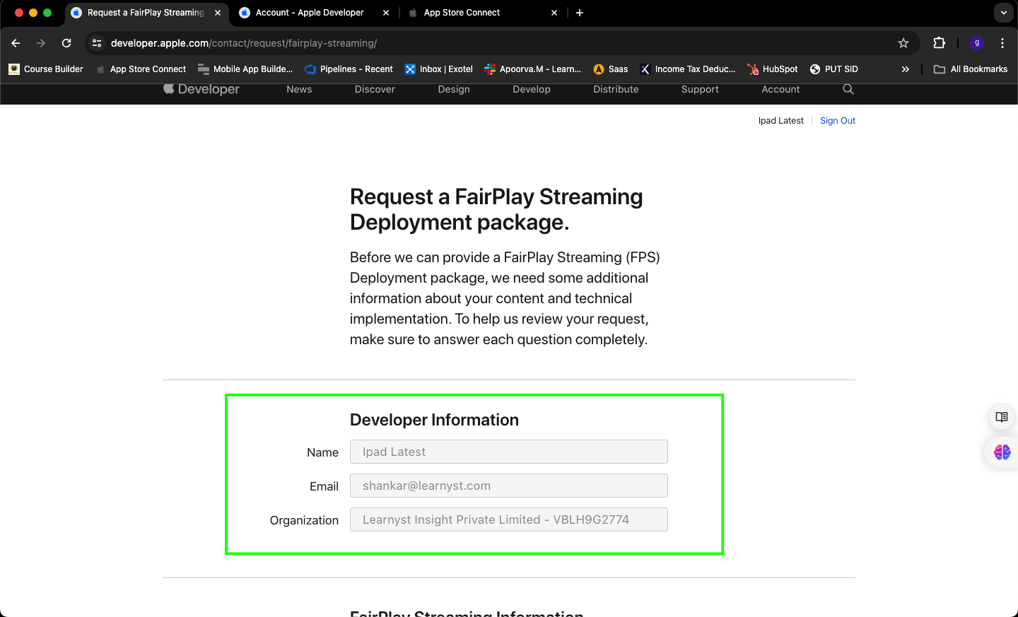 Request a FairPlay Streaming Deployment package || Applying for FPS
