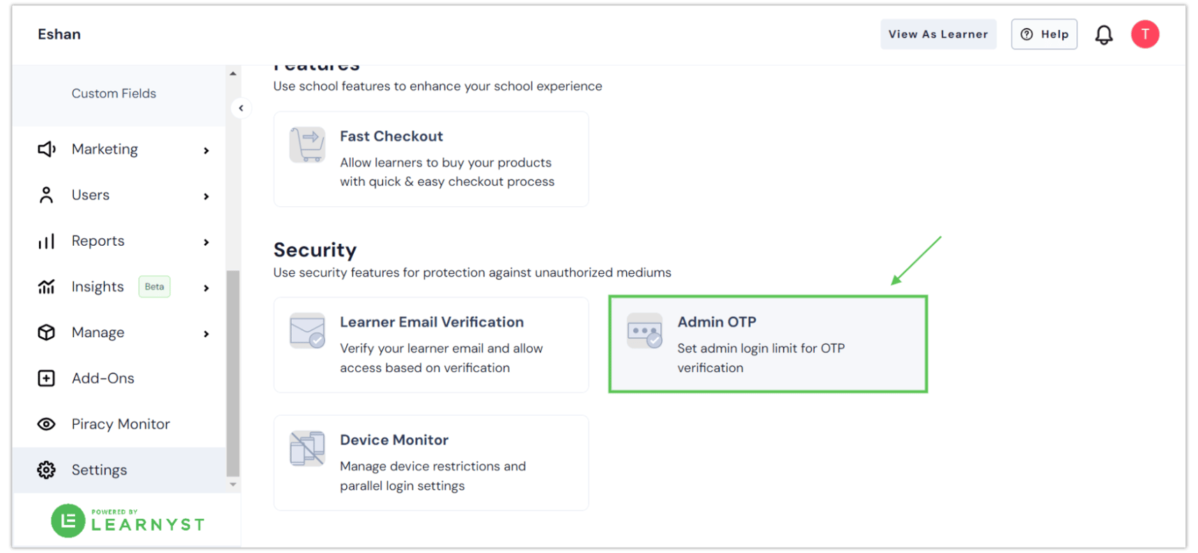 Set OTP for admin/sub admin of your School