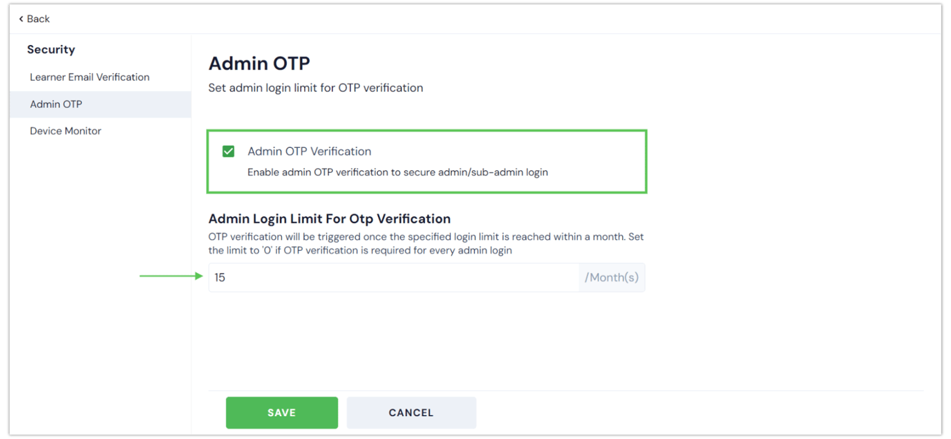 Set OTP for admin/sub admin of your School