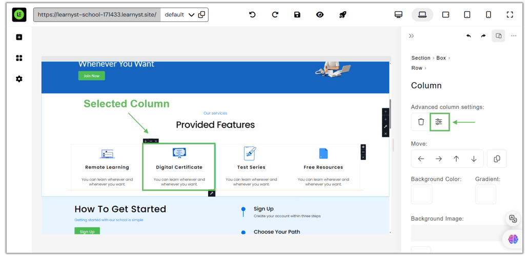 Advanced Settings of a Column