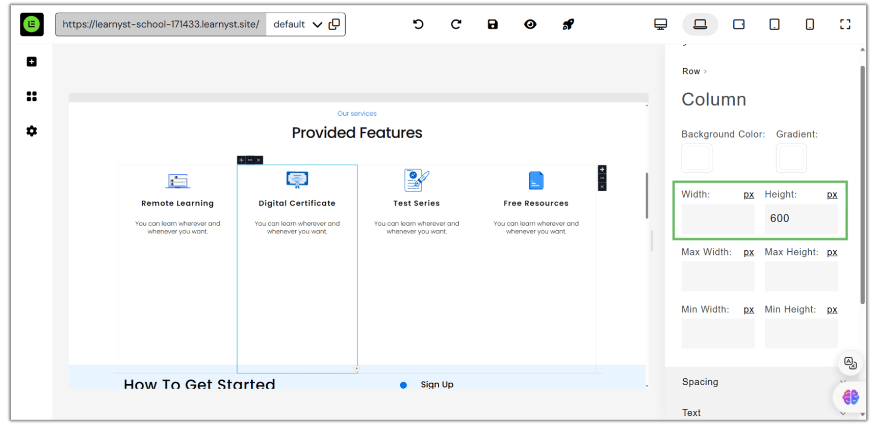 Advanced Settings of a Column