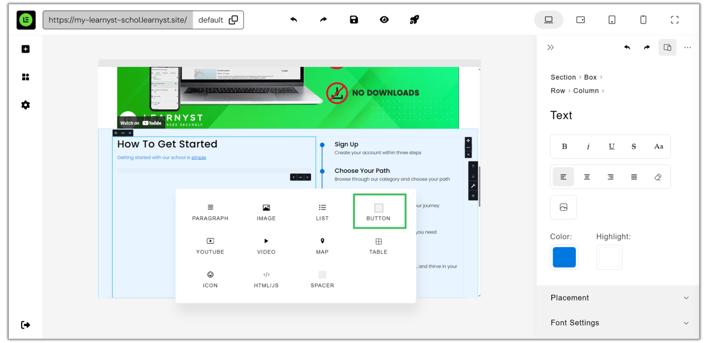 Adding a Button to the Website page.