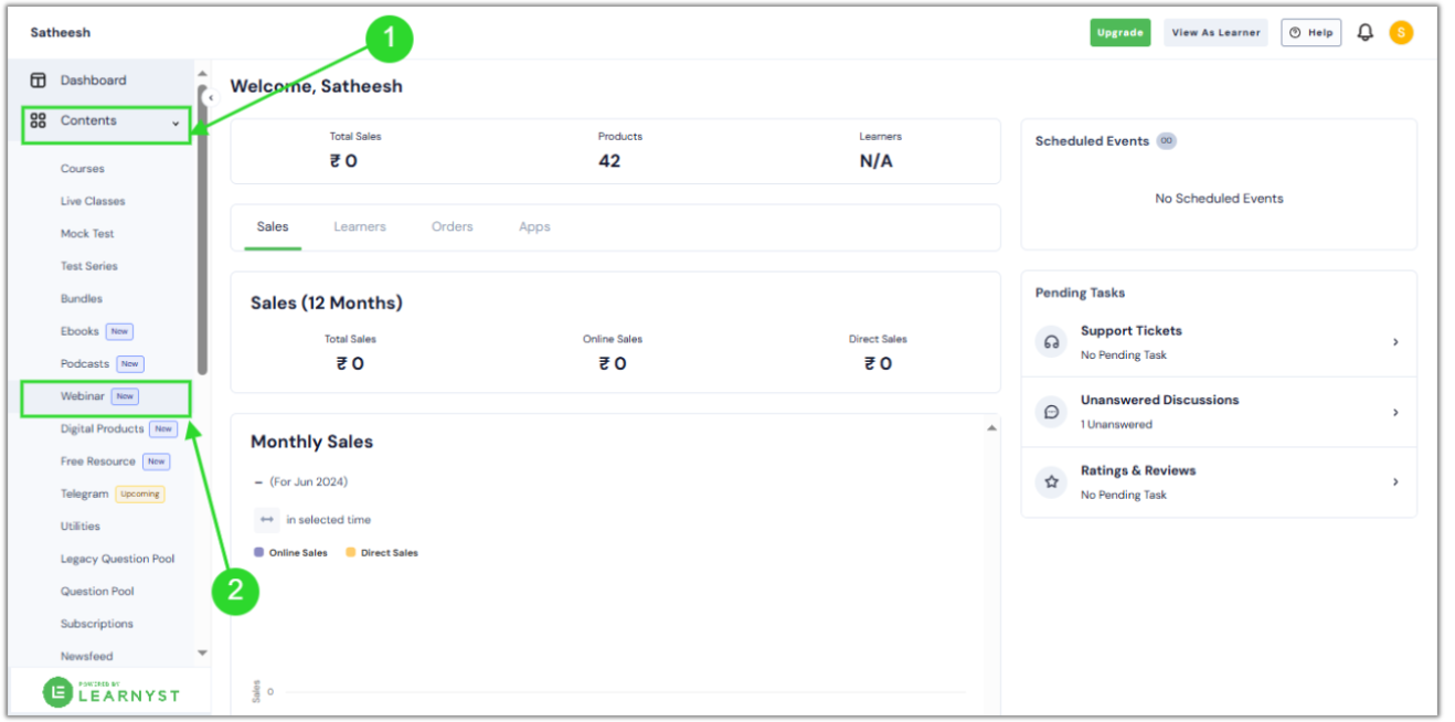 Create webinar live lesson on the learnyst platform.