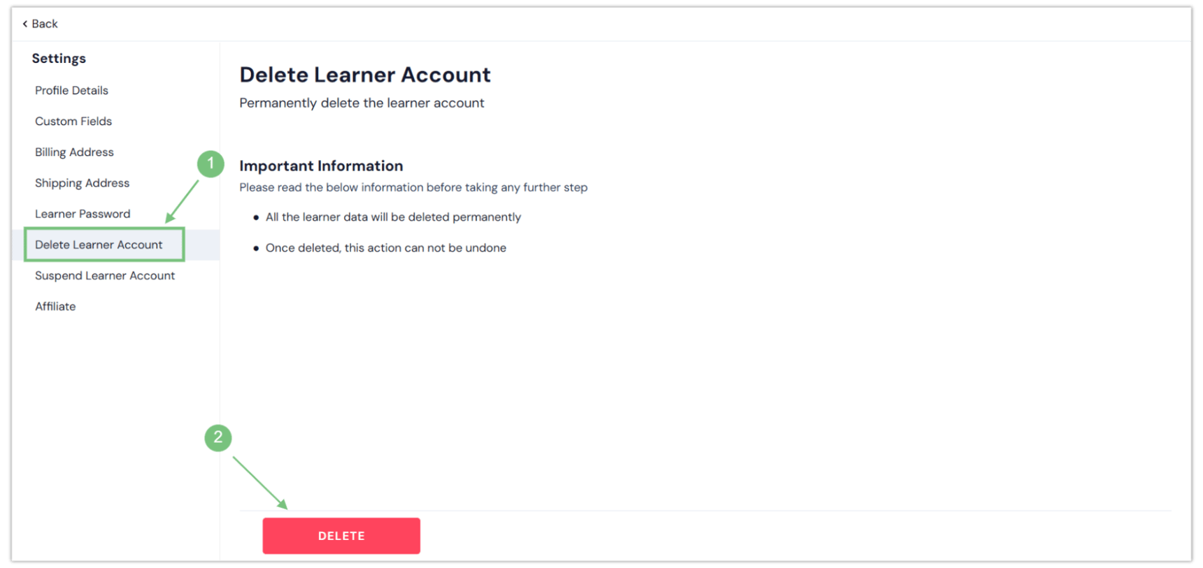 Delete a Learners account permanently from your school