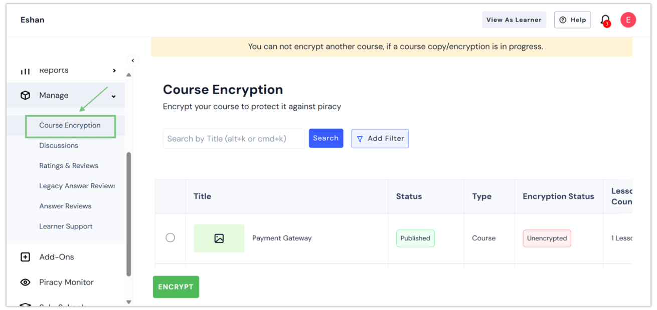Encrypt an unencrypted Course