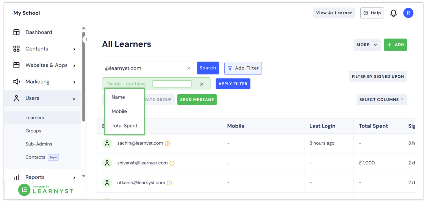 Searching from list of learners with filter applied