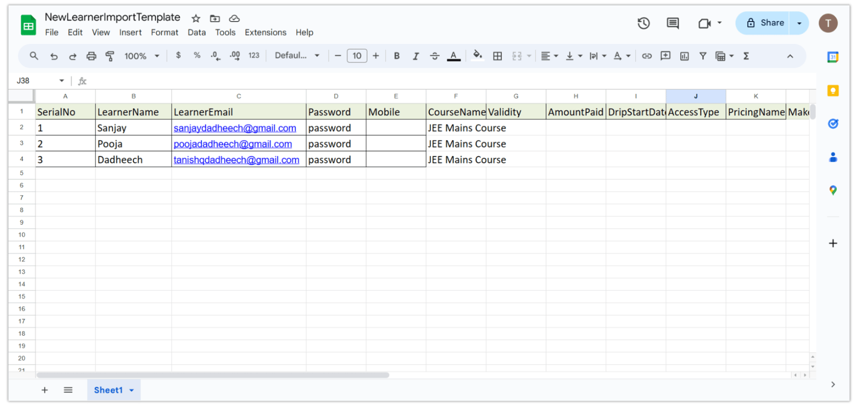 Import Learners directly into course via a Excel Sheet