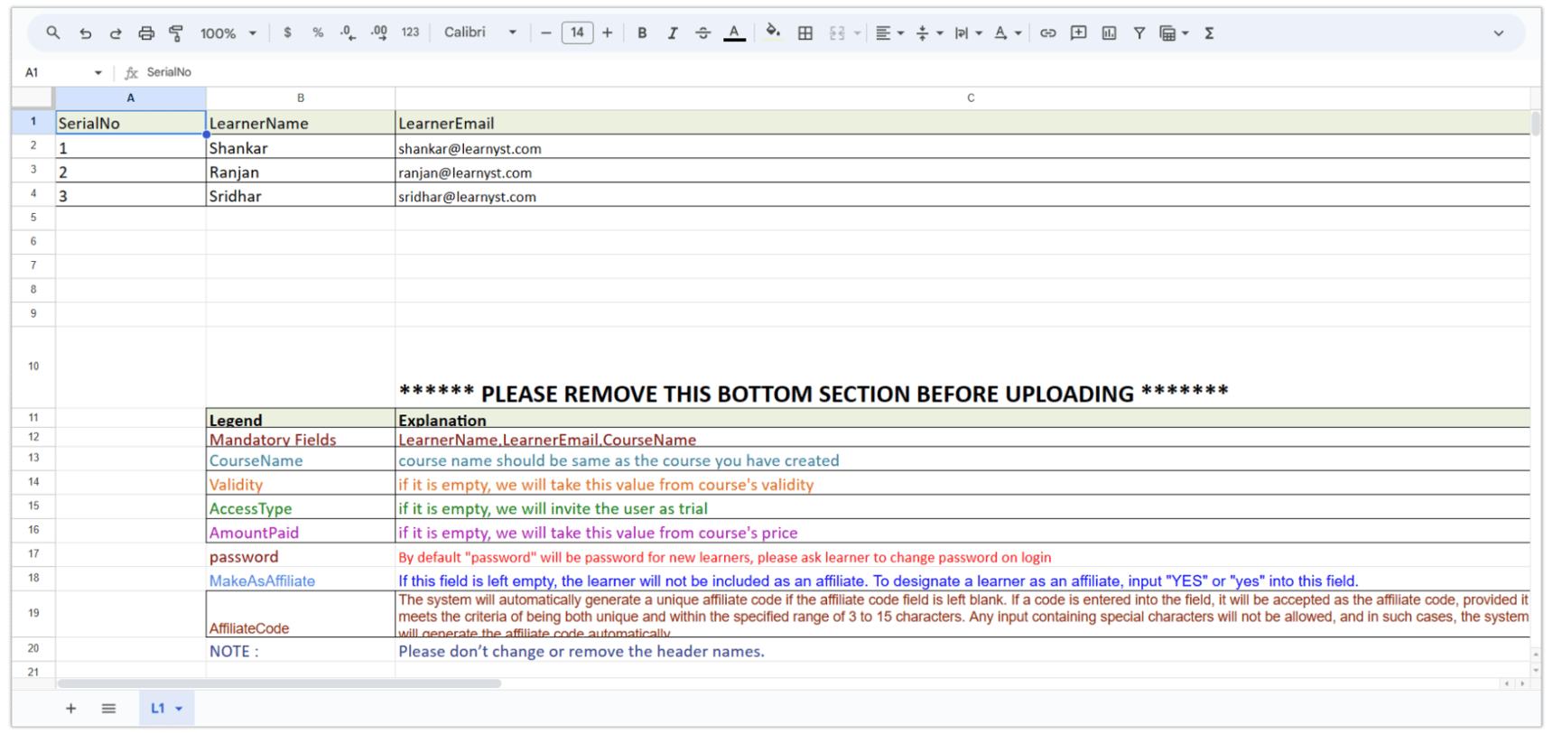 Import Learners directly into course via a Excel Sheet