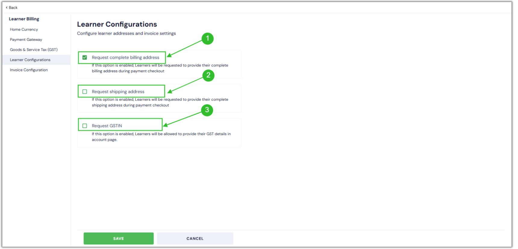 Set up the learner configuration in the school settings.