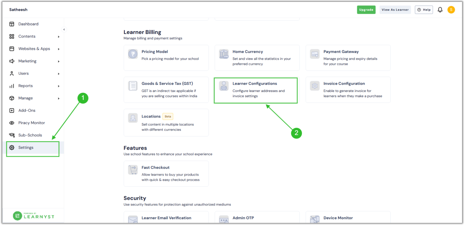 Set up the learner configuration in the school settings.