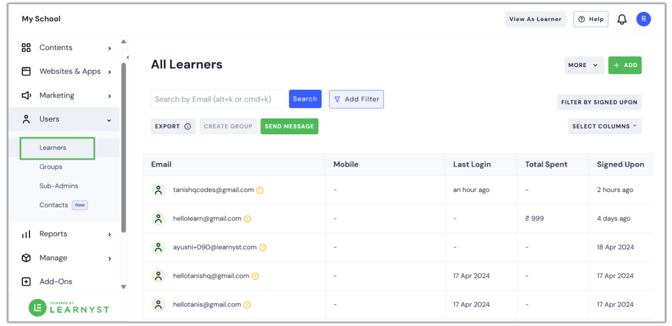 Adding new Learners to a Course