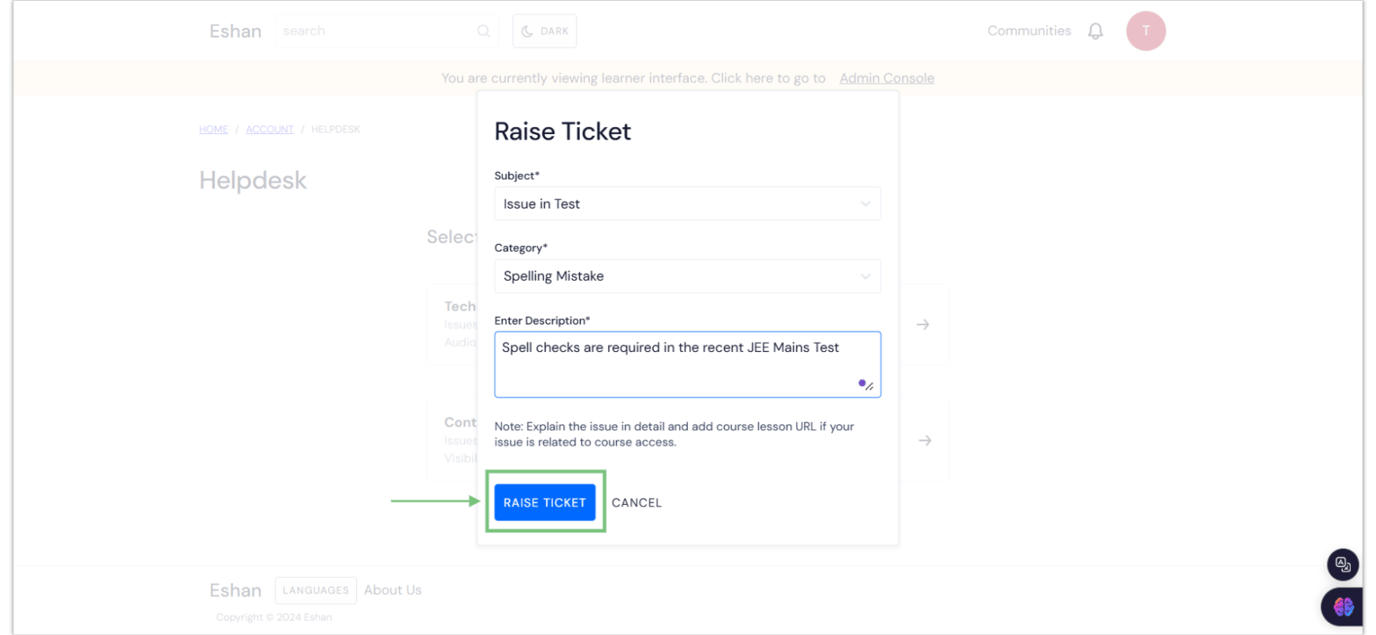 Raise Support Ticket as a Learner