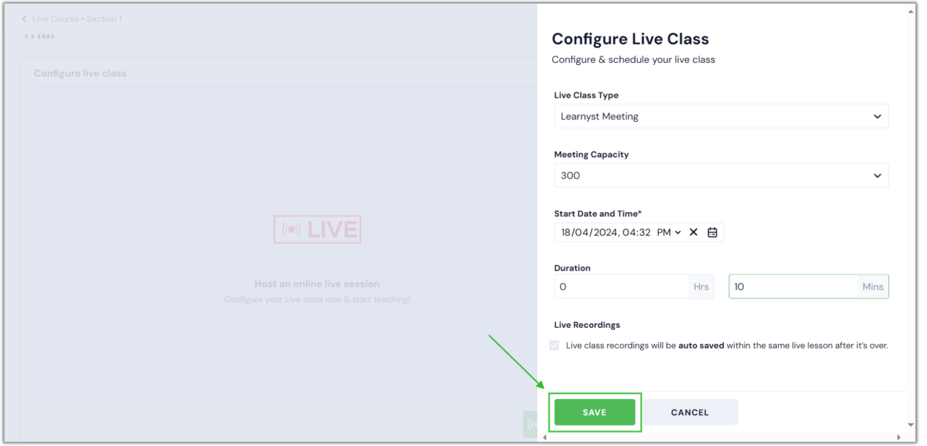 Create the Learnyst webinar for your live class.