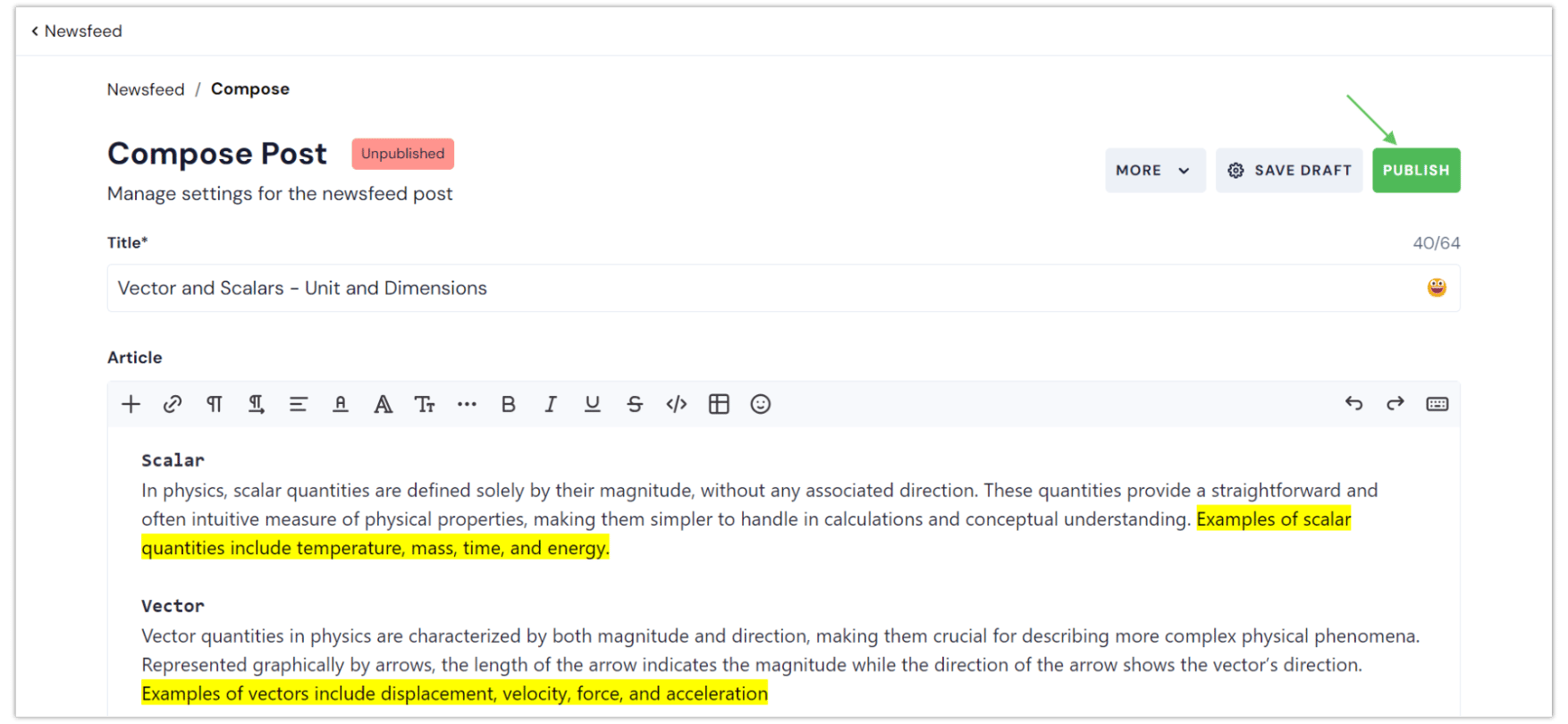 Create and publish article post for Newsfeed