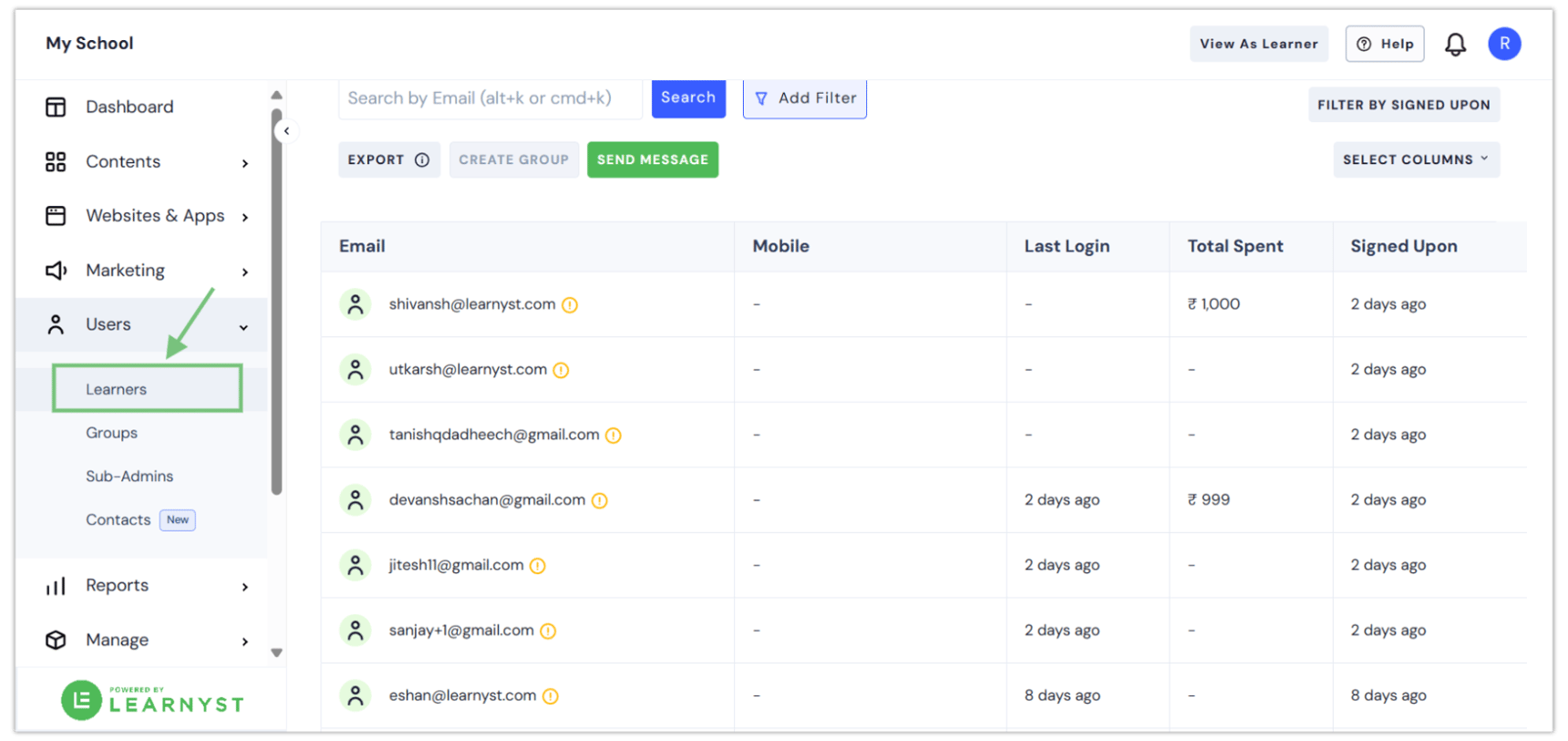 Change a learners password or send password reset emails to learners