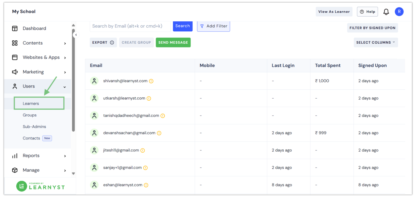 Change a learners password or send password reset emails to learners