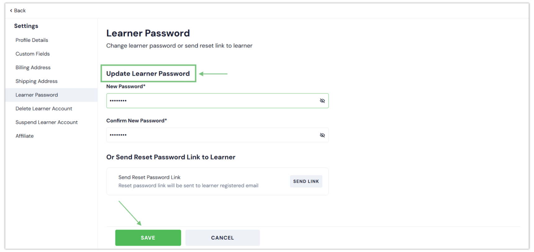 Change a learners password or send password reset emails to learners