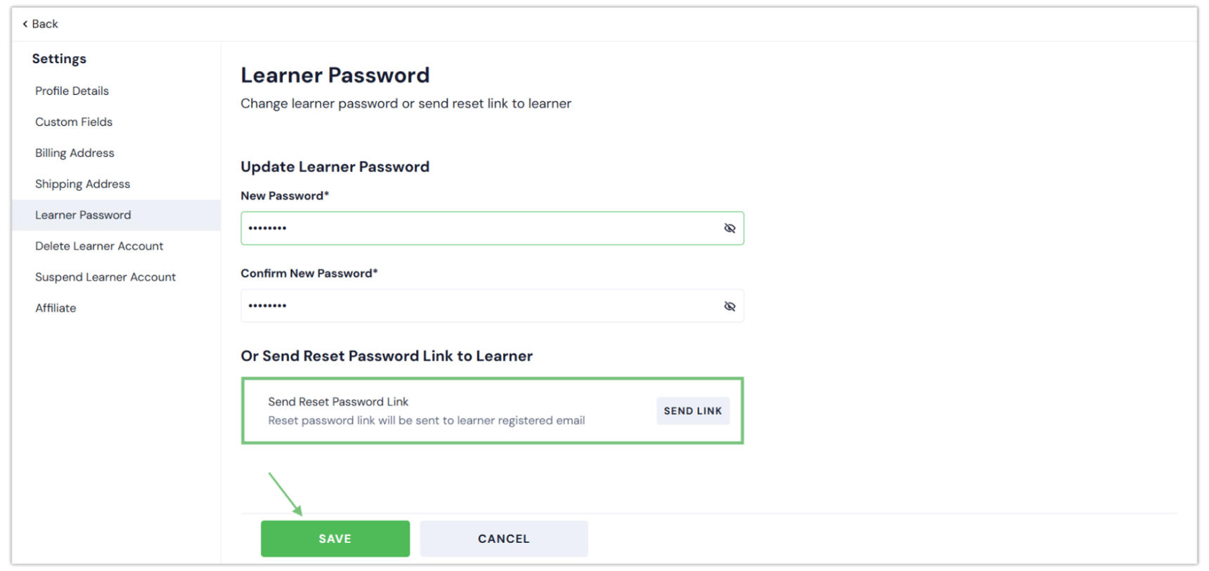 Change a learners password or send password reset emails to learners