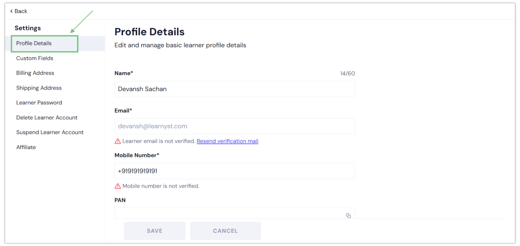 Profile Details of a Learner