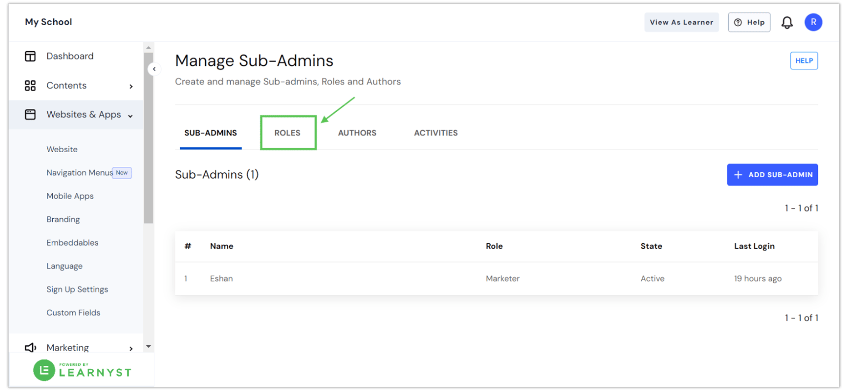 Create a custom role for a new Sub Admin