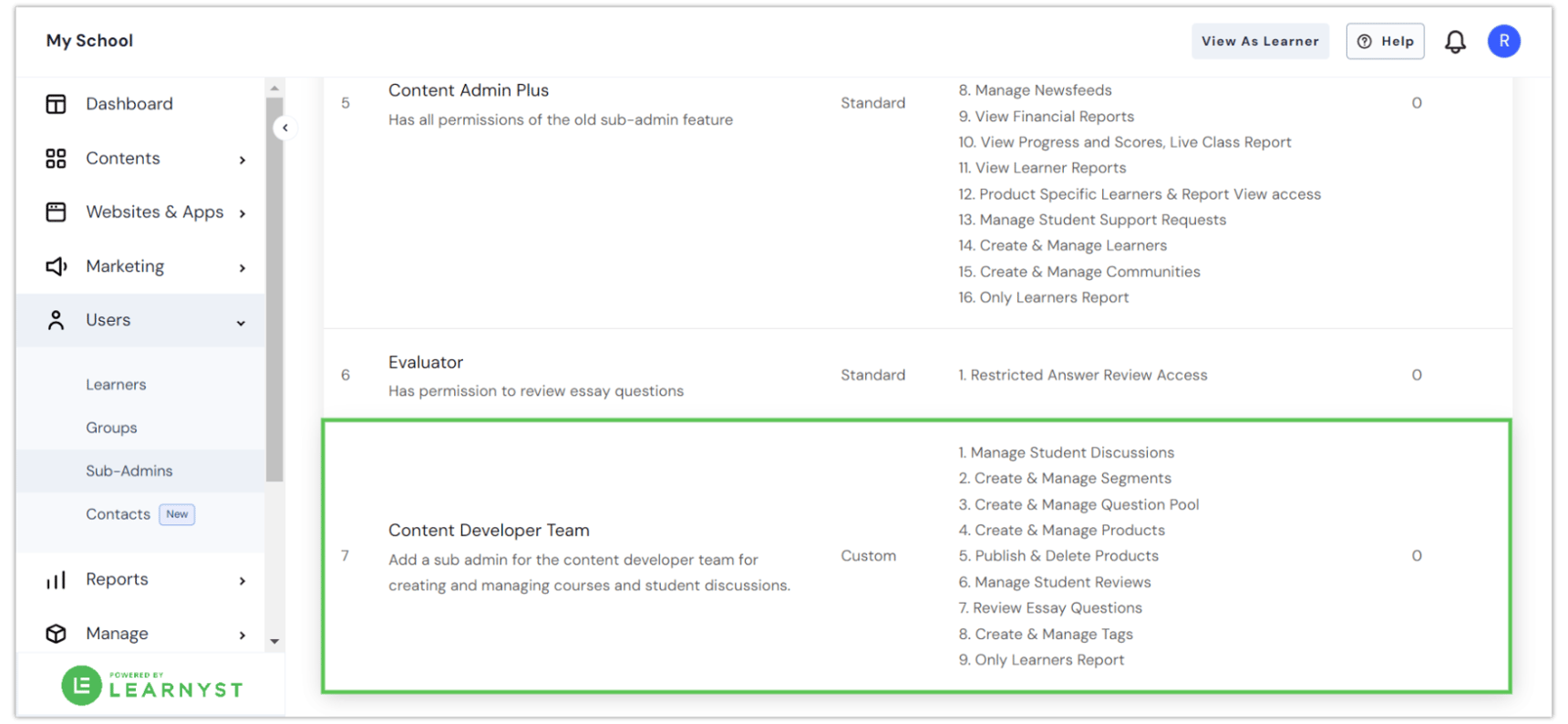 Create a custom role for a new Sub Admin