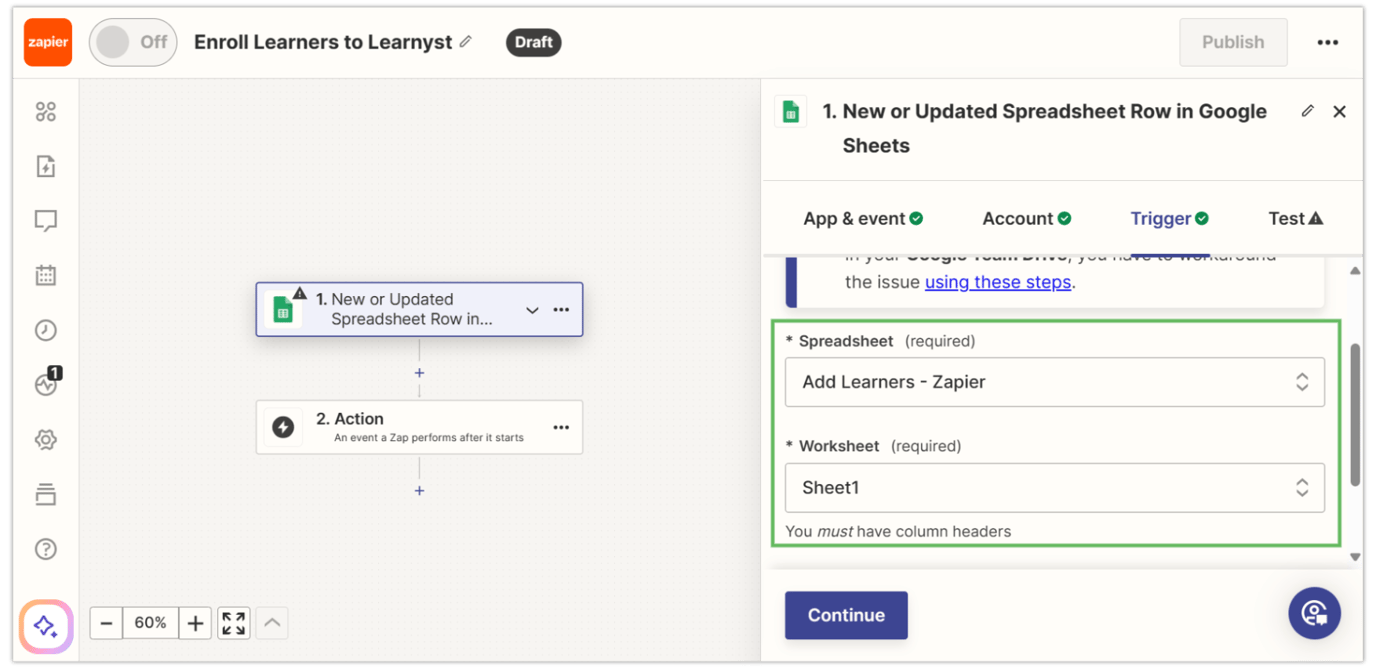 Enroll Learners from spreadsheet to Learnyst easily using Zapier