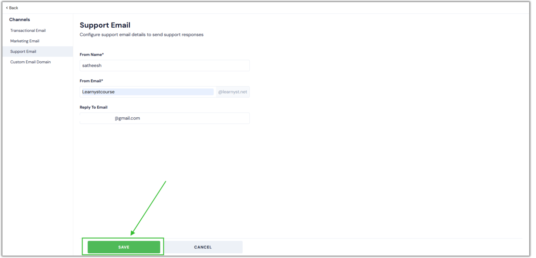 Configure details for sending support emails.