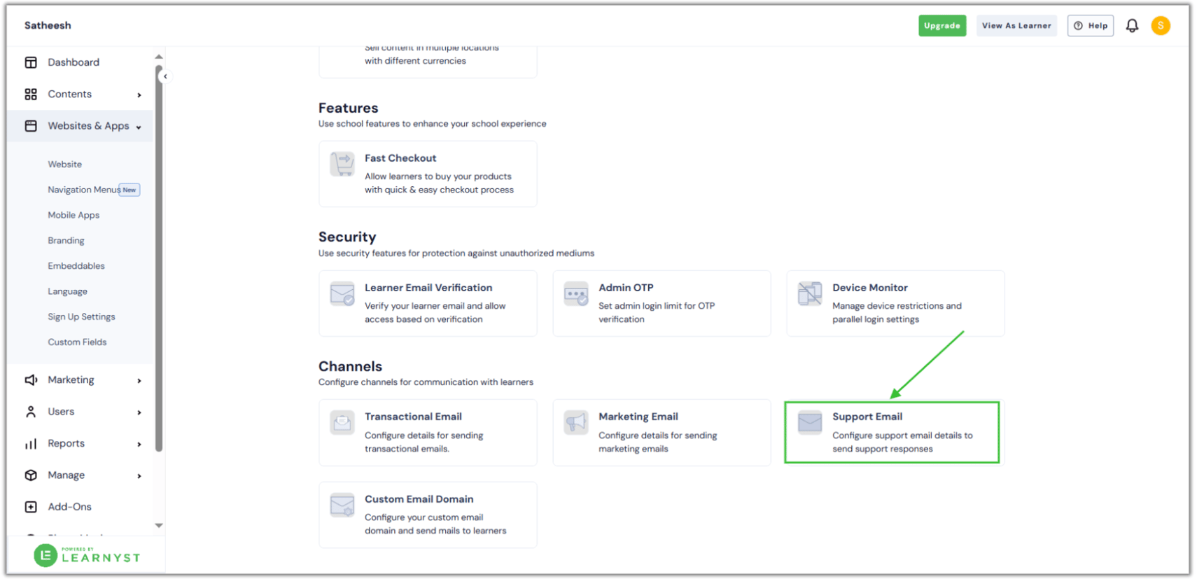 Configure details for sending support emails.