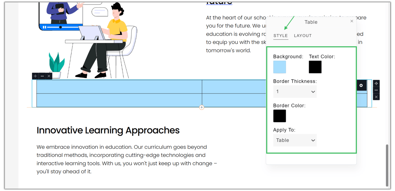 Adding and Customizing a Table into the Website Page