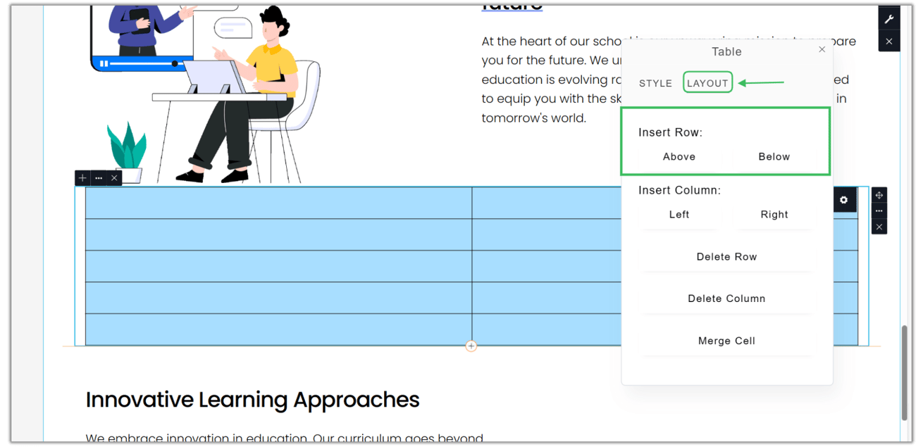 Adding and Customizing a Table into the Website Page