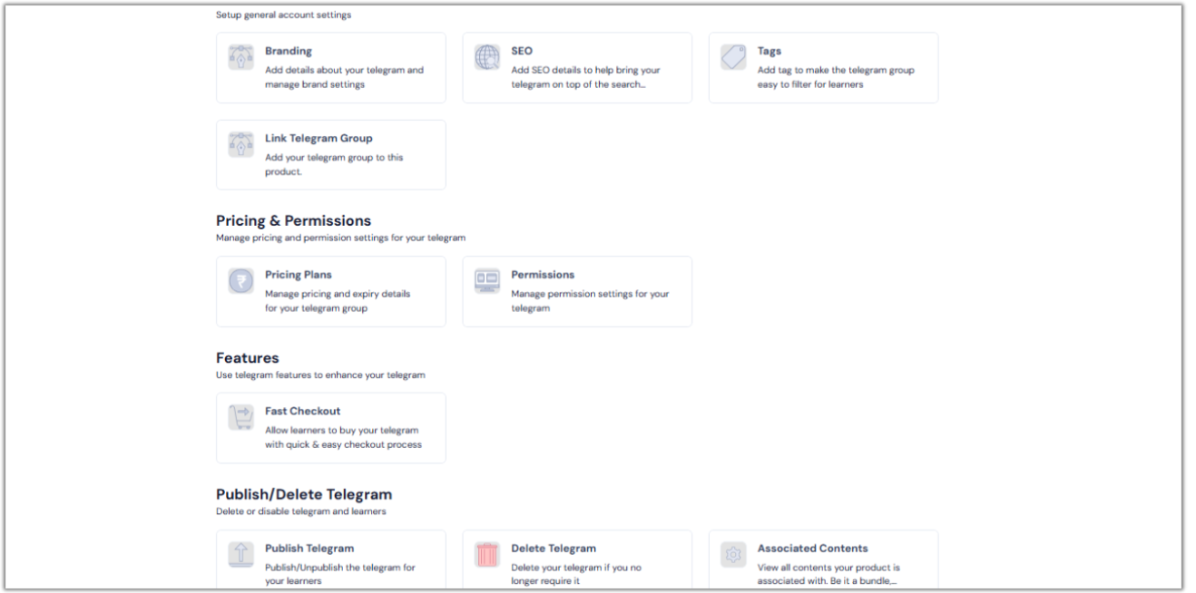 Telegram product settings overview.