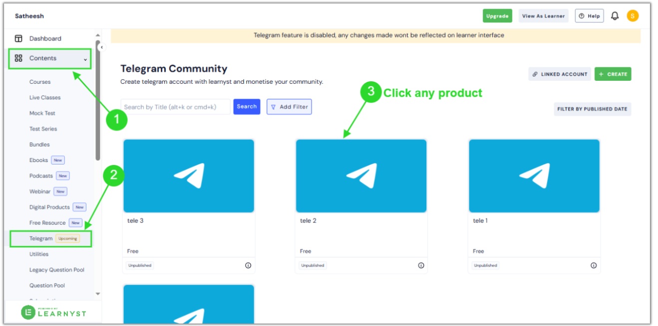Telegram product settings overview.