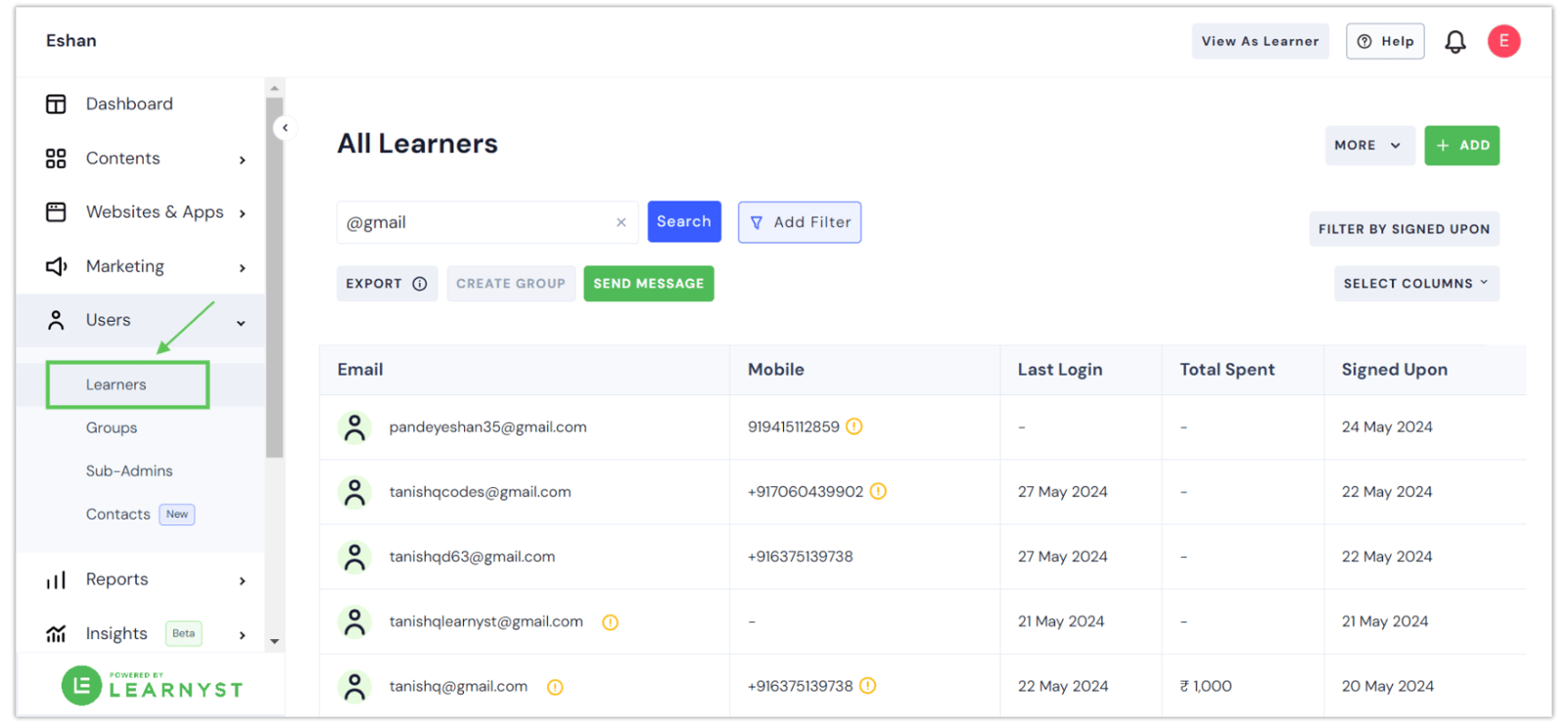 View Support Tickets raised by a particular learner