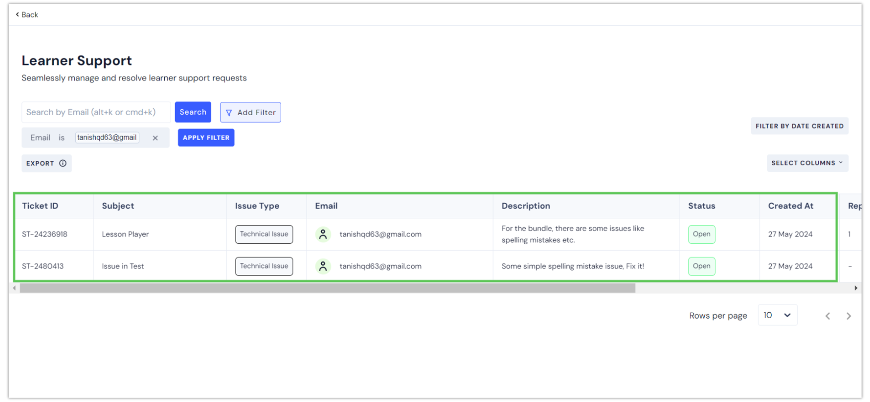 View Support Tickets raised by a particular learner