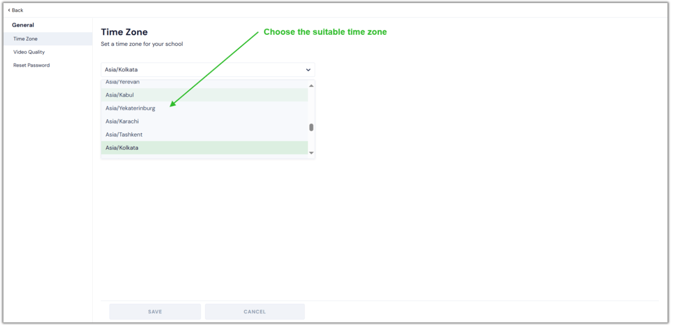 Set the time zone for your school.