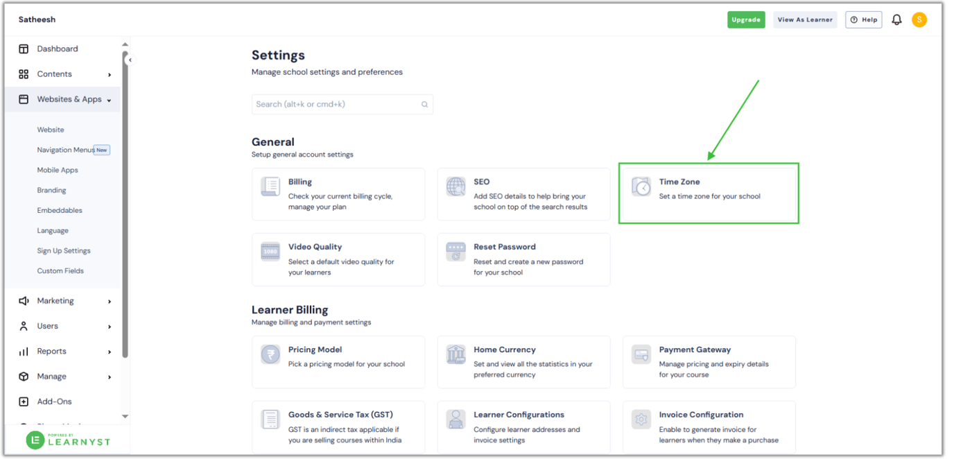 Set the time zone for your school.