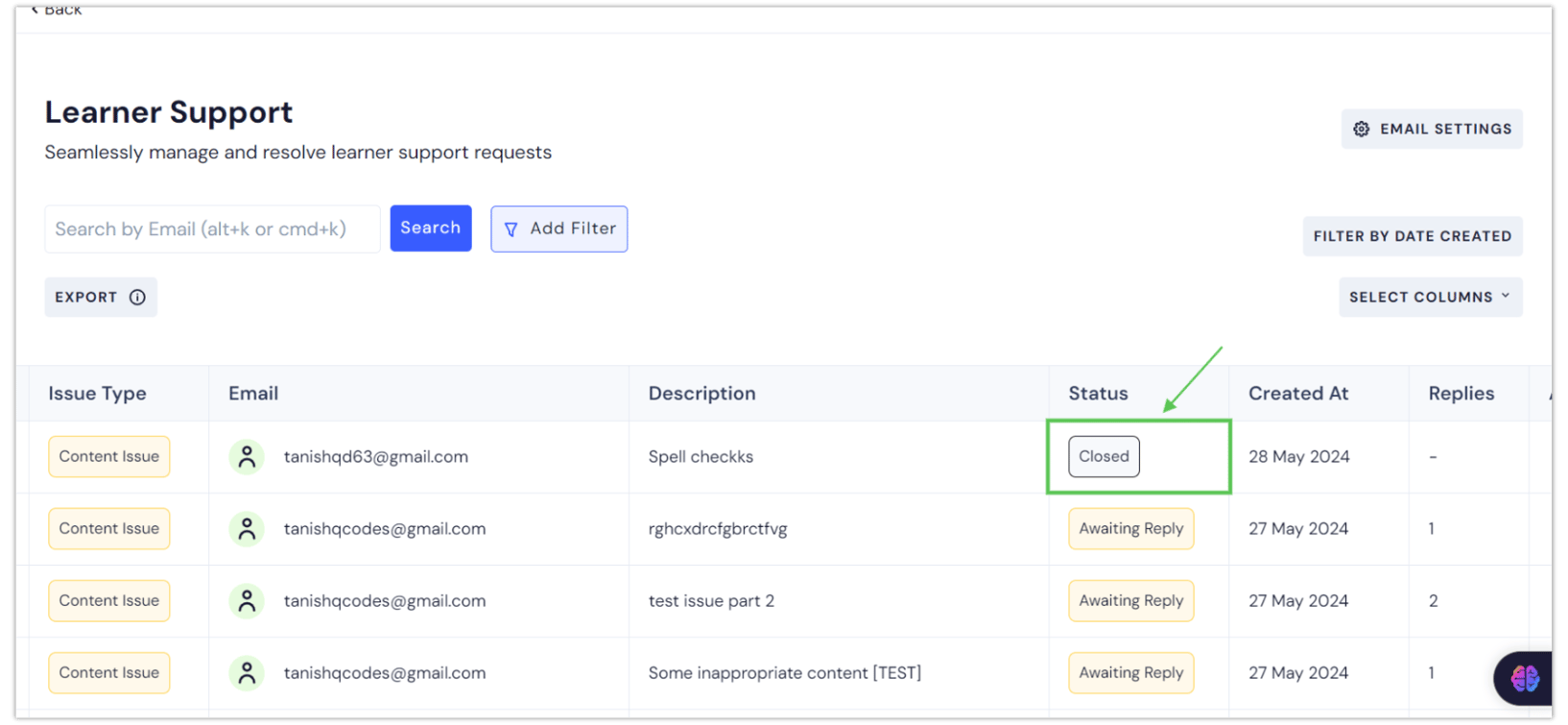 Change support ticket status