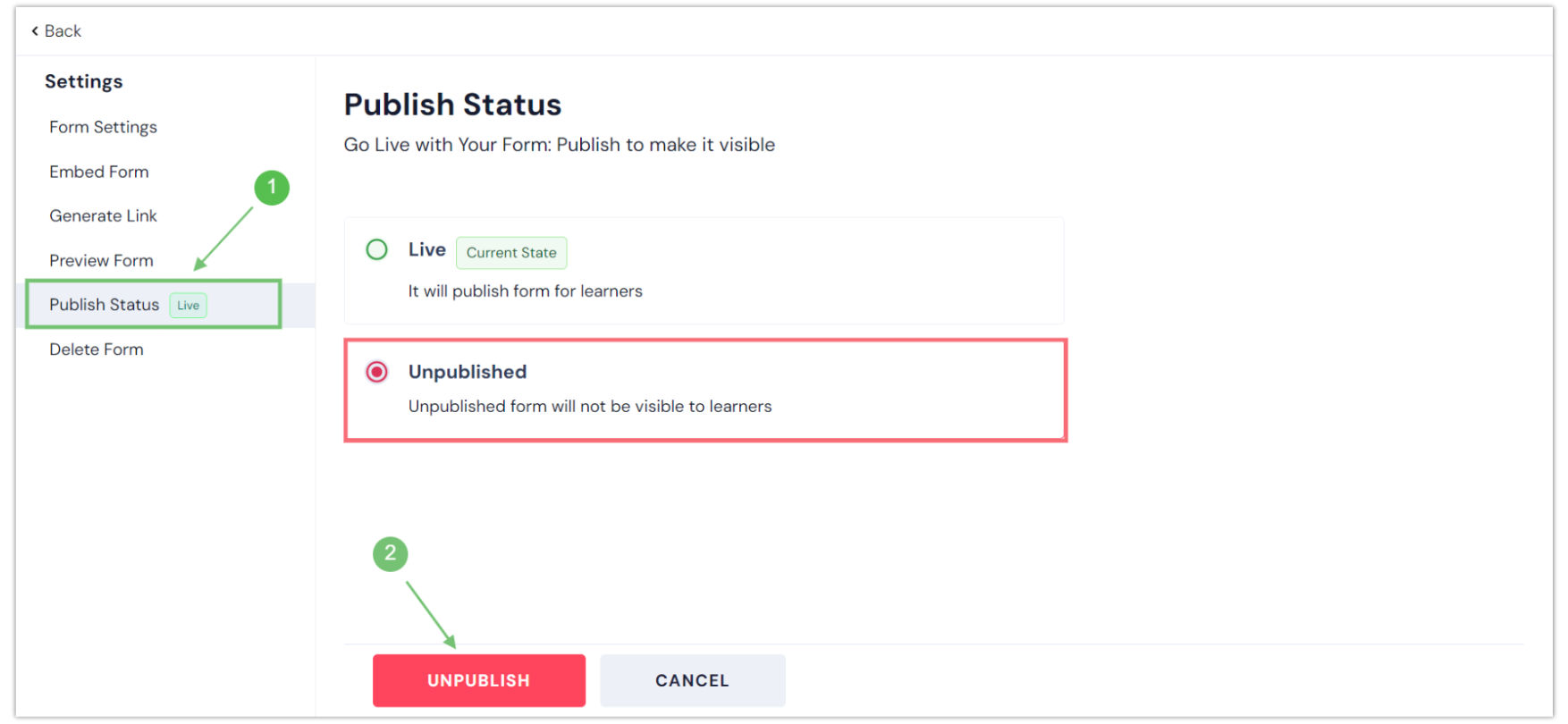 Unpublish and delete a form