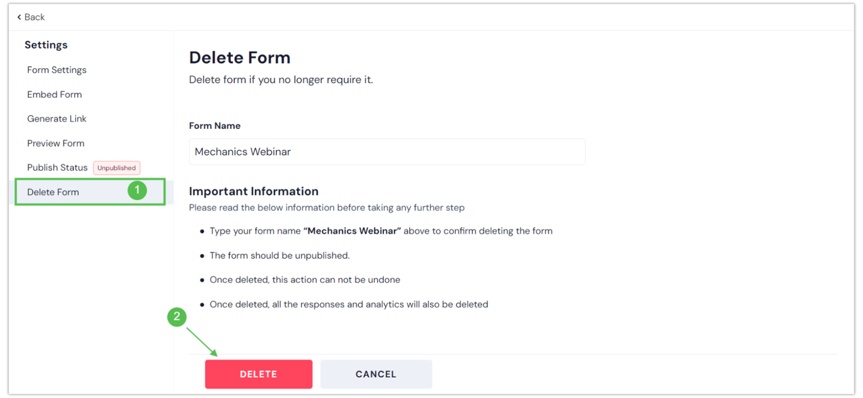 Unpublish and delete a form