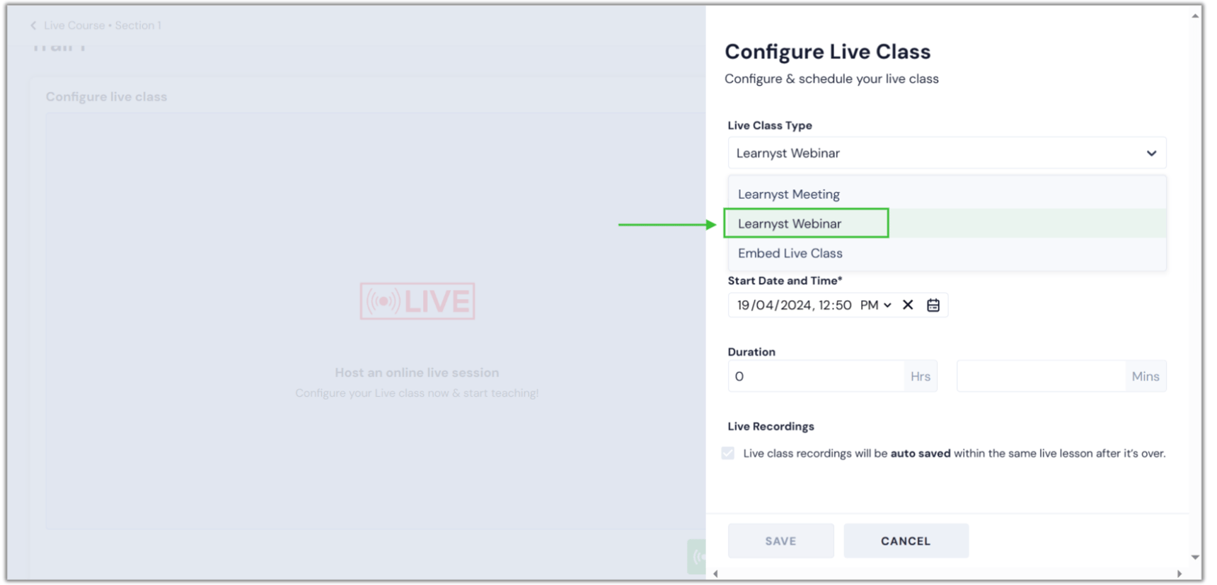 Create the Learnyst webinar for your live class.